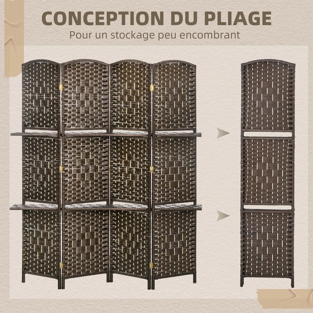 HOMCOM Paravan 4 Panely 160 x 170 cm s 2 Policemi, Skládací, Borovicové Dřevo pro Kancelář, Obývací Pokoj, Ložnici, Hnědý | Aosom