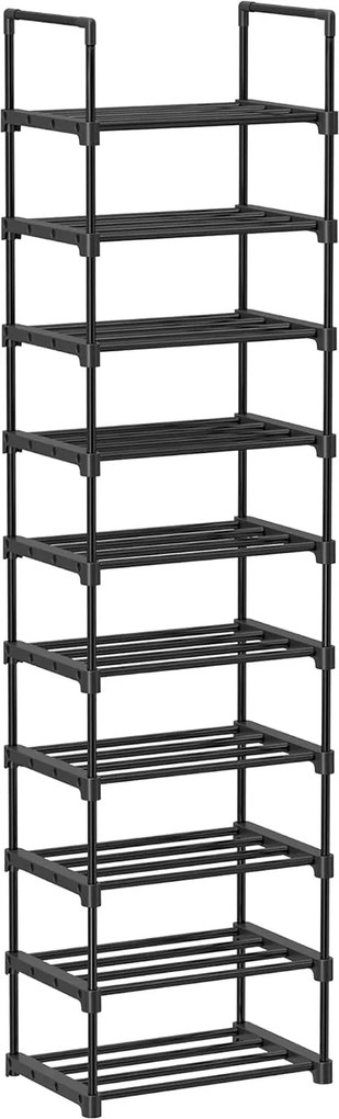Botník, 10patrový kovový botník 174x45x30cm, výška police nastavitelná, černý
