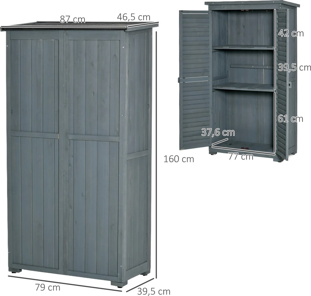 Dřevěná kůlna Outsunny 0,31 m² 87x46,5x160 cm - Dřevěný skříň pro venkovní použití s 2 dveřmi a 2 vnitřními policemi na terasu