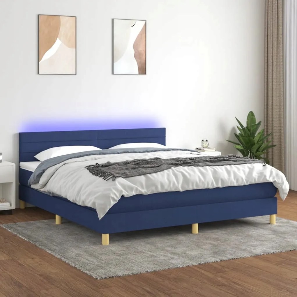 Box Spring Postel S Matrací A Led Textil Modrá vodorovné pruhy 160 x 200