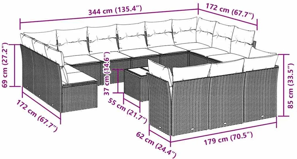 14dílná zahradní sedací souprava podušky světle šedá polyratan 3250301