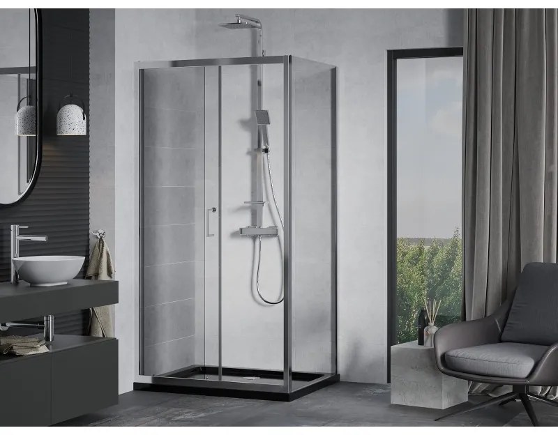 Mexen Apia rozsouvací sprchový kout 90 x 100 cm, Průhledné, Chromovaná + sprchová vanička Flat, Černá - 840-090-100-01-00-4070