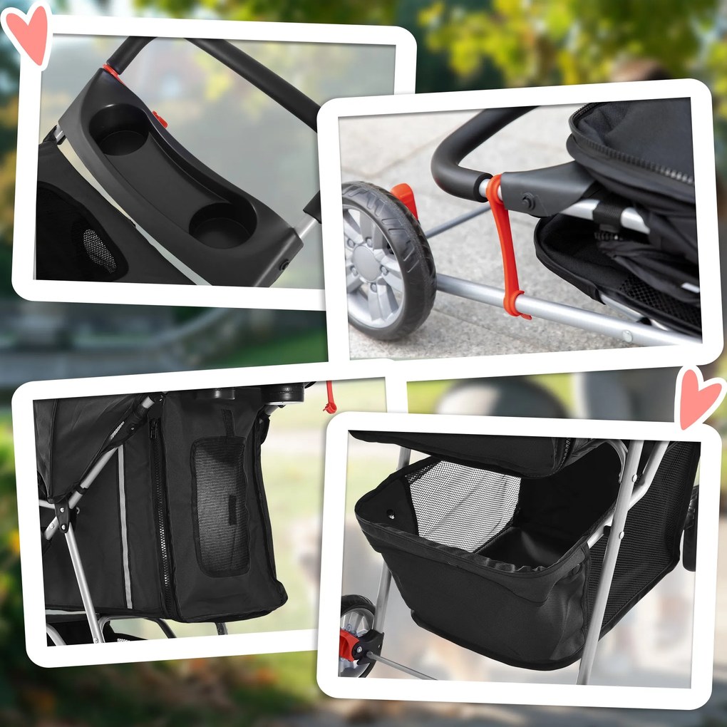 Skládací kočárek PawHut pro psy - kočárek pro malé psy s úložným košíkem, síťovými okny a 2 univerzálními koly, nosnost 15 kg, rozměry 75x45x97 cm, č…