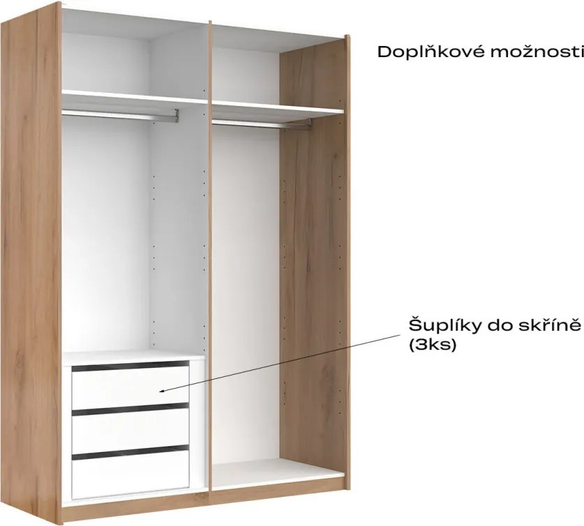Skříň s posuvnými dveřmi 1,5x2,1m (Dveře Lesklá Bílá/Zrcadlo) série N Asti