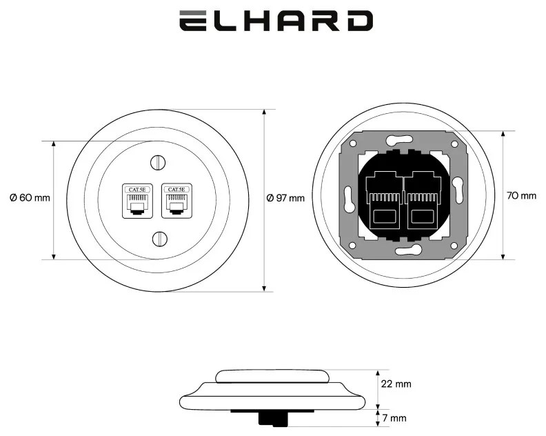 Elhard Kulatá keramická zásuvka 2xRJ45, bílá KV2022W