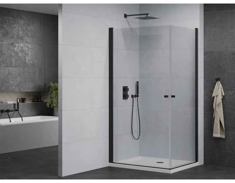 Mexen Pretoria Duo sprchový kout s otočnými dveřmi 80 x 70 cm, Průhledné, Černá + sprchová vanička Flat - 852-080-070-70-02-4010