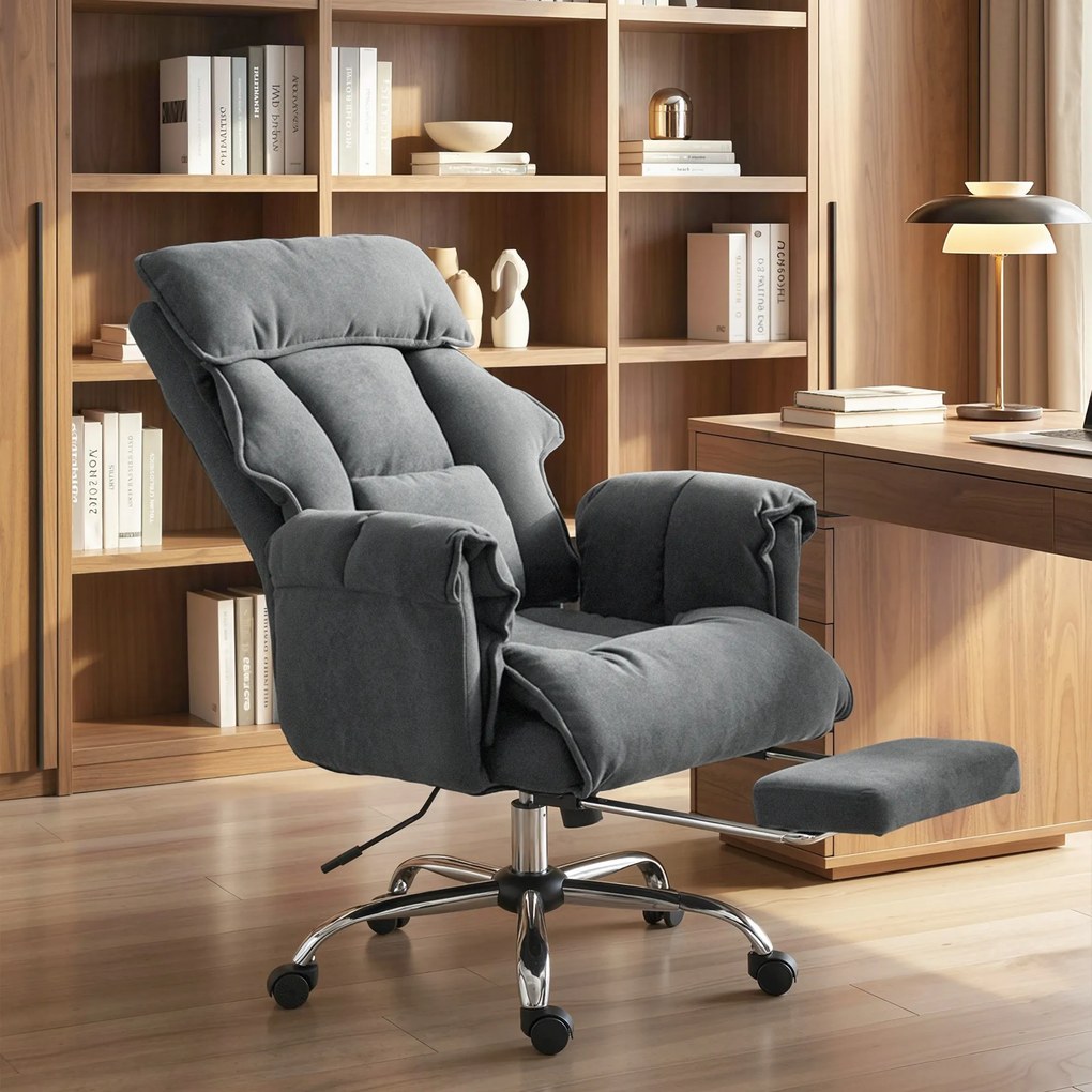 Ergonomická kancelářská židle HOMCOM s bederní oporou, výsuvnou opěrkou nohou a 360° otočným mechanismem — polární fleece, tmavě šedá