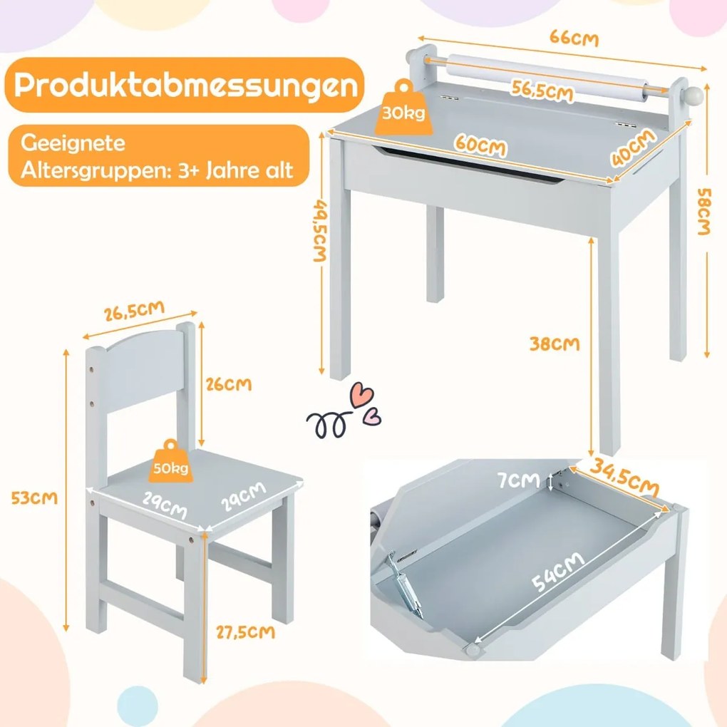 Costway Dětský stůl se senzorickým prostíráním židle pro děti, šedá