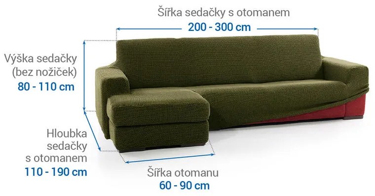 Super strečové potahy NIAGARA zelená sedačka s otomanem vlevo (š. 200 - 300 cm)
