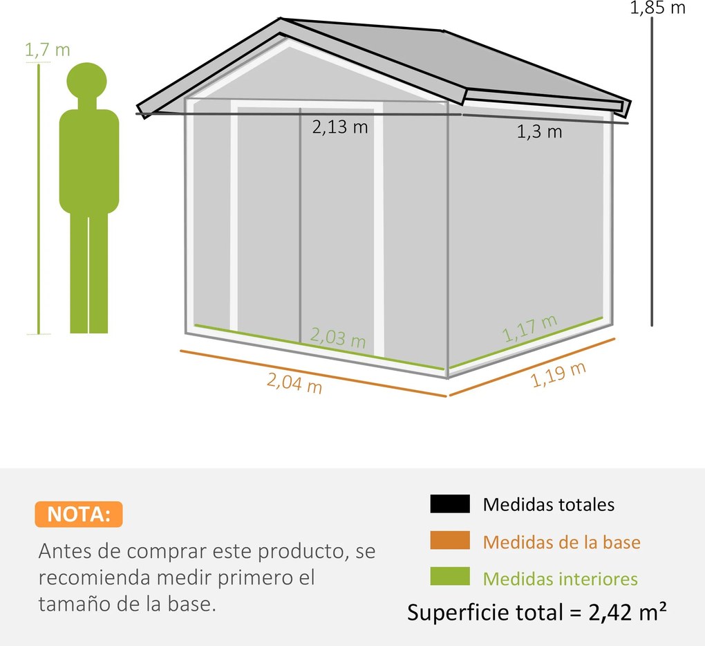 Zahradní shed Outsunny 2,42m² s posílenou základnou bez podlahy 213x130x185 cm s posuvnými dveřmi a střešním oknem 4 okna pro skladování nářadí Tmavě…