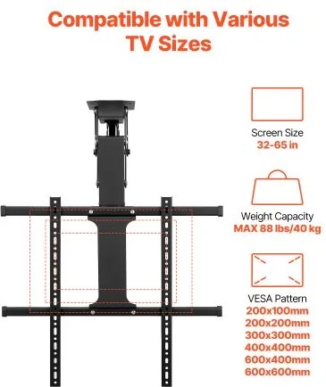 Motorizovaný stropní držák TV, Vhodný pro TV do 36 kg VEVOR