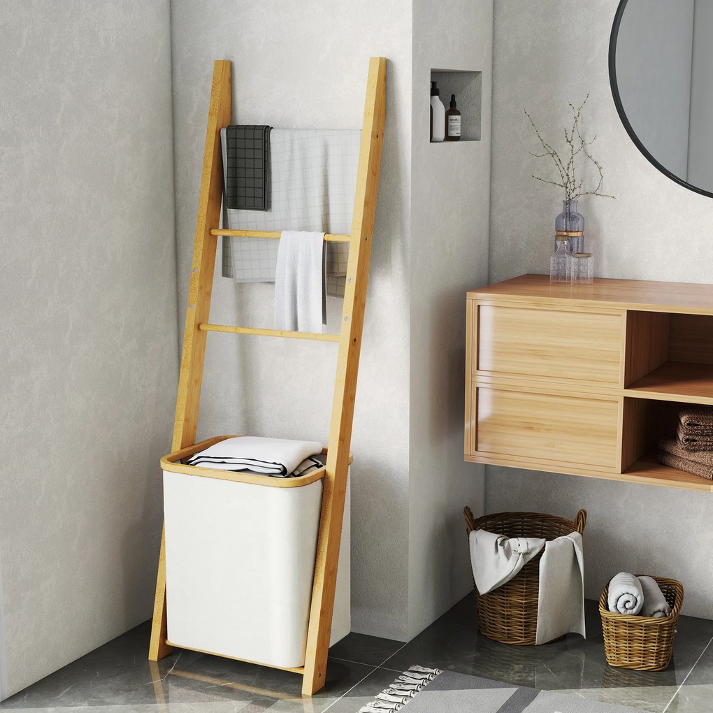 HOMCOM Koupelnový regál, 2-v-1, s 3 tyčemi, odnímatelný koš na prádlo 48 l, bambus, 43 x 35 x 133 cm, krémově bílý