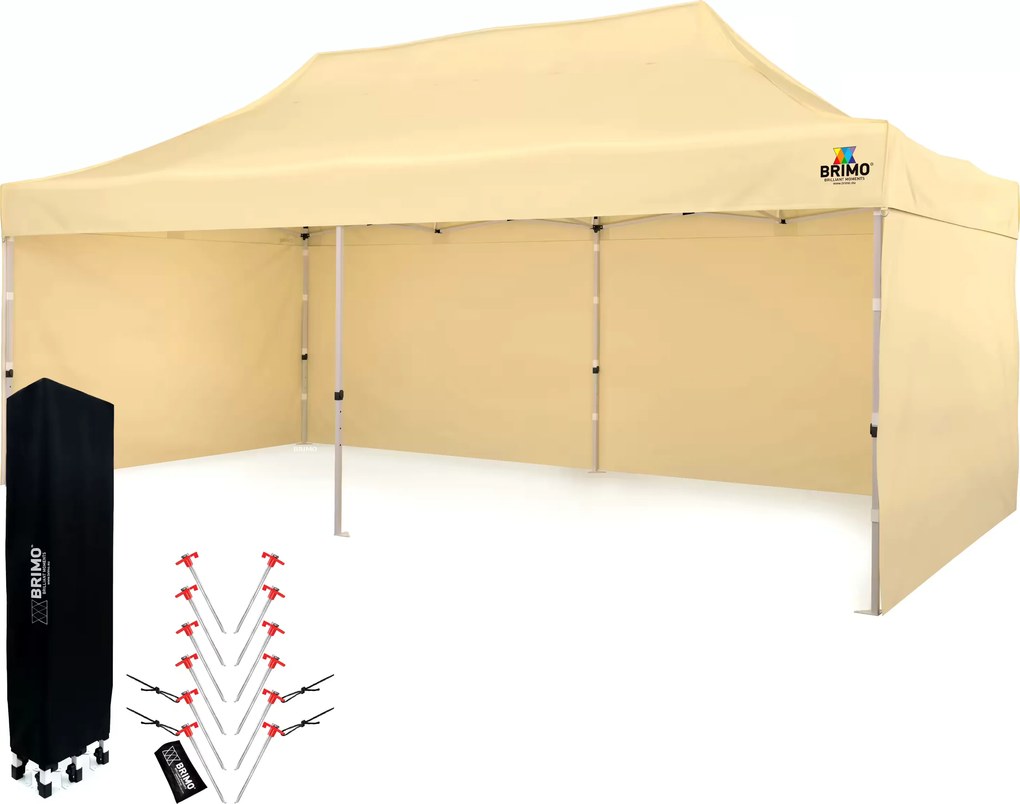 BRIMO Párty stan 3x6m Nožnicový (3 stěny) - Ocelová Konstrukce a Plachta 330g/m² - s 3 stěnami - Béžová S. Ocel
