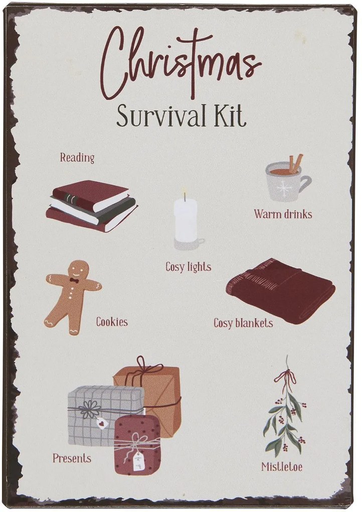 IB LAURSEN Plechová cedule Christmas Survival Kit, červená barva, krémová barva, kov