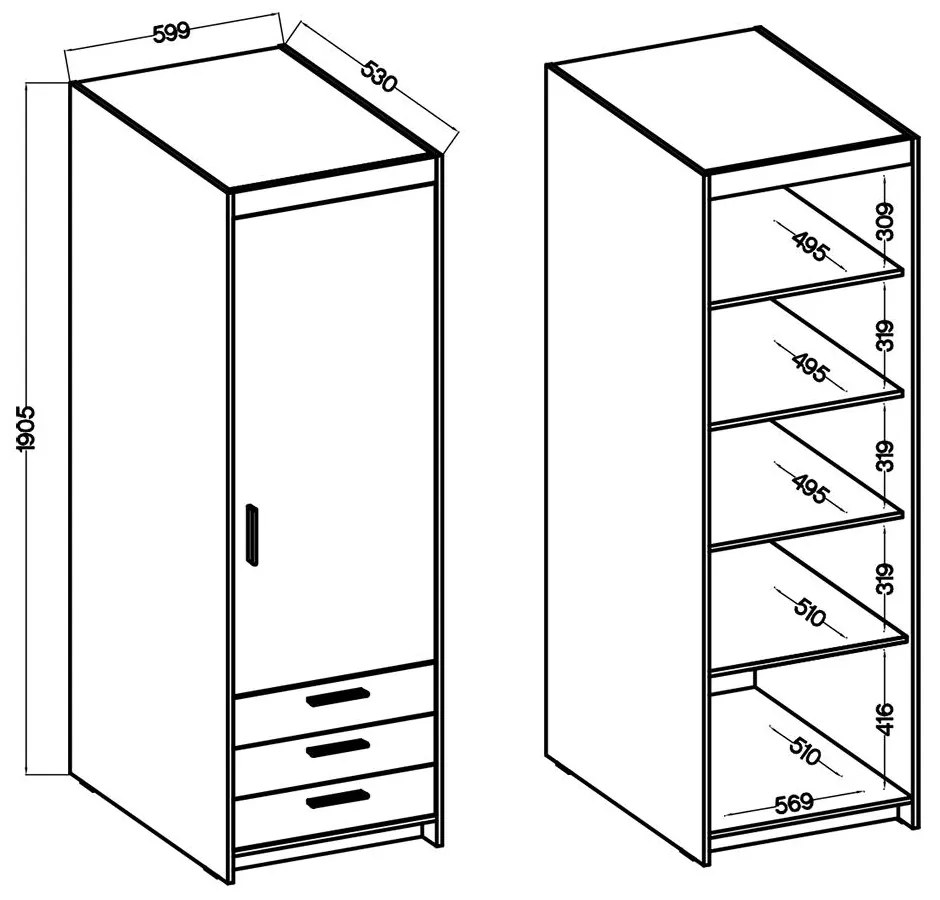 Šatní skříň ELENA 1D 3S + nástavec | 59,9 cm | UNI dvířka | dub sonoma