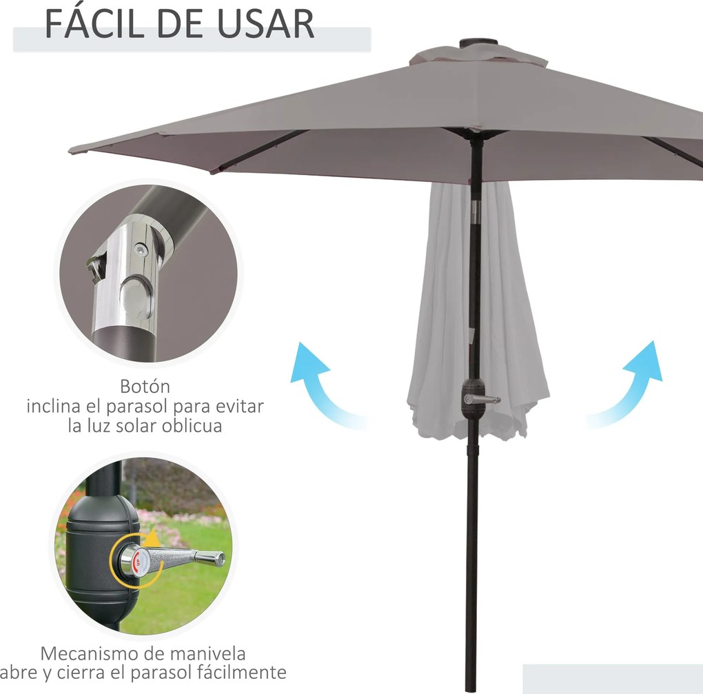 Outsunny Zahradní Slunečník Ø265 cm s 32 Solárními LED Světly, Ocelový Sloupek a Kloubový Mechanismus pro Šedou Terasu