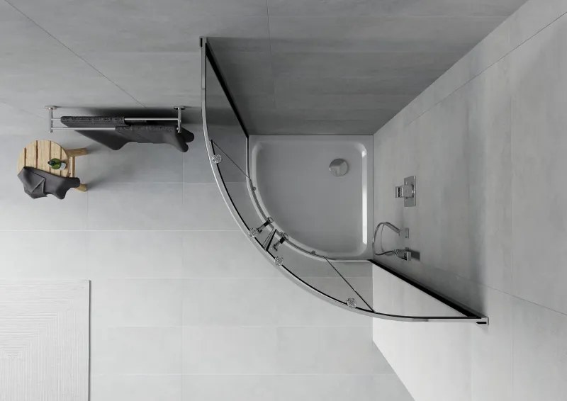 Mexen Rio, čtvrtkruhový sprchový kout s posuvnými dveřmi 90 x 90 cm, 5mm šedé sklo, chromový profil + bílá sprchová vanička, 863-090-090-01-40-4110