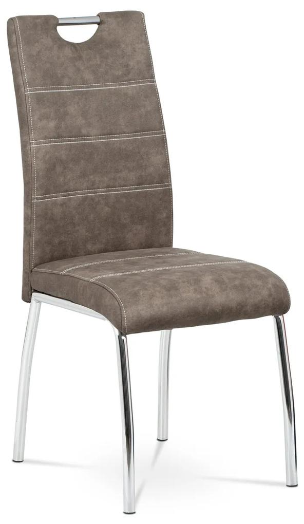 Jídelní židle, potah hnědá látka COWBOY v dekoru vintage kůže, bílé prošití, kov - HC-486 BR3