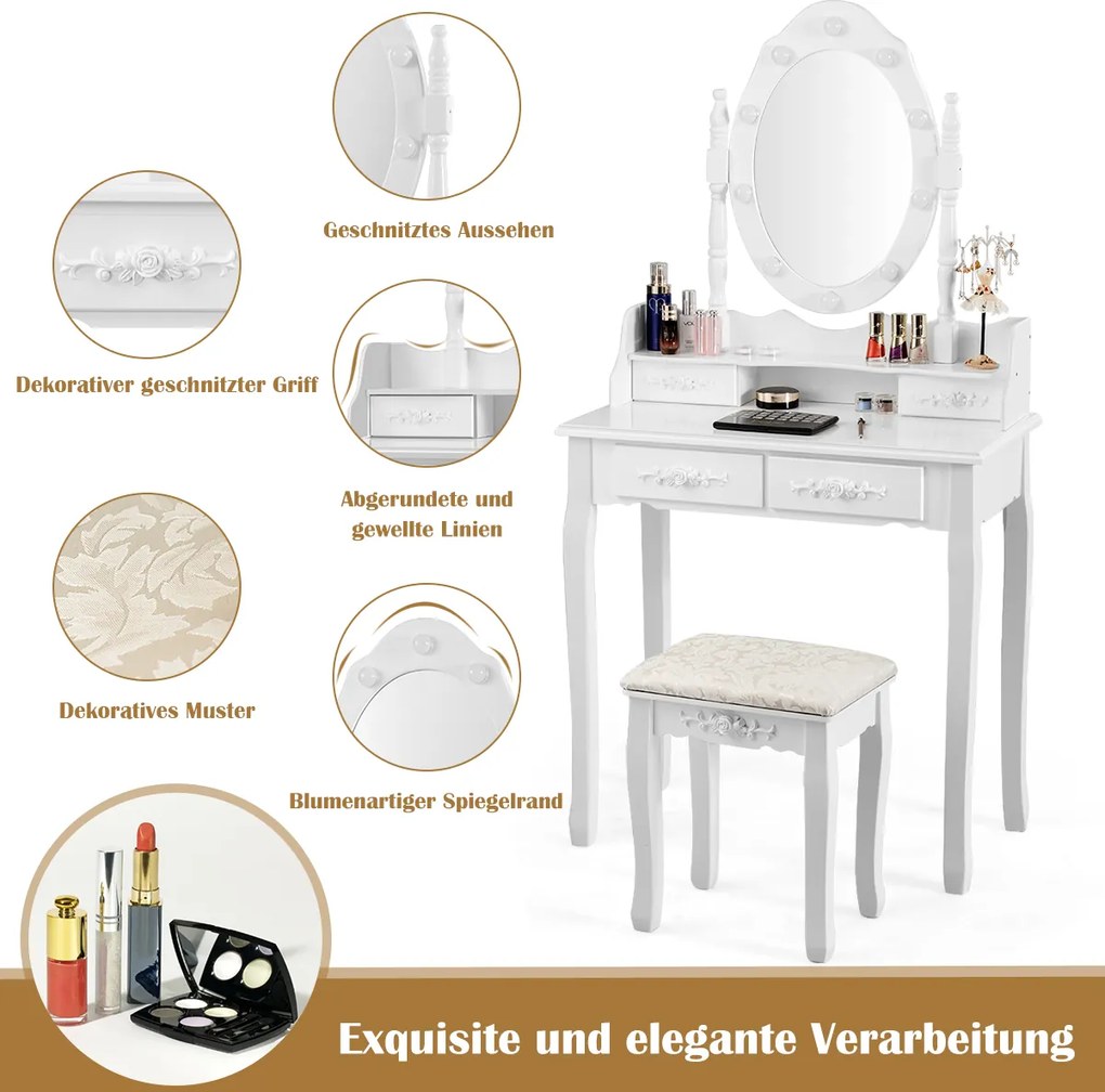 Costway Classic Toaletní stolek Set s LED žárovkami Stolička – 75 × 40 × 146 cm