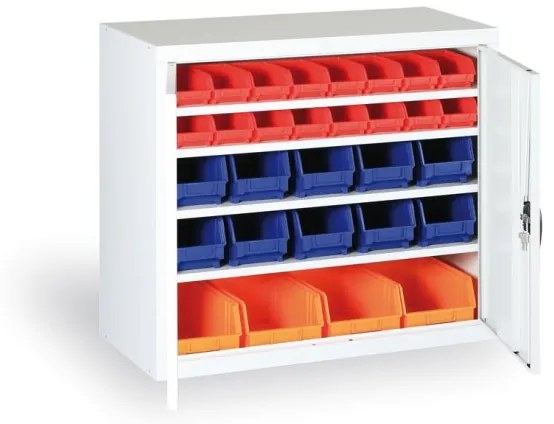 Skříň s plastovými boxy BASIC - 800 x 400 x 920 mm, 24xA/6xB/4xC, šedá/modré dveře