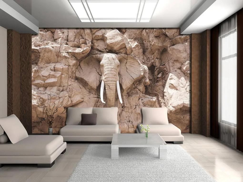 Fototapeta - Slon vytesaný ve skalách - bežový (254x184 cm)