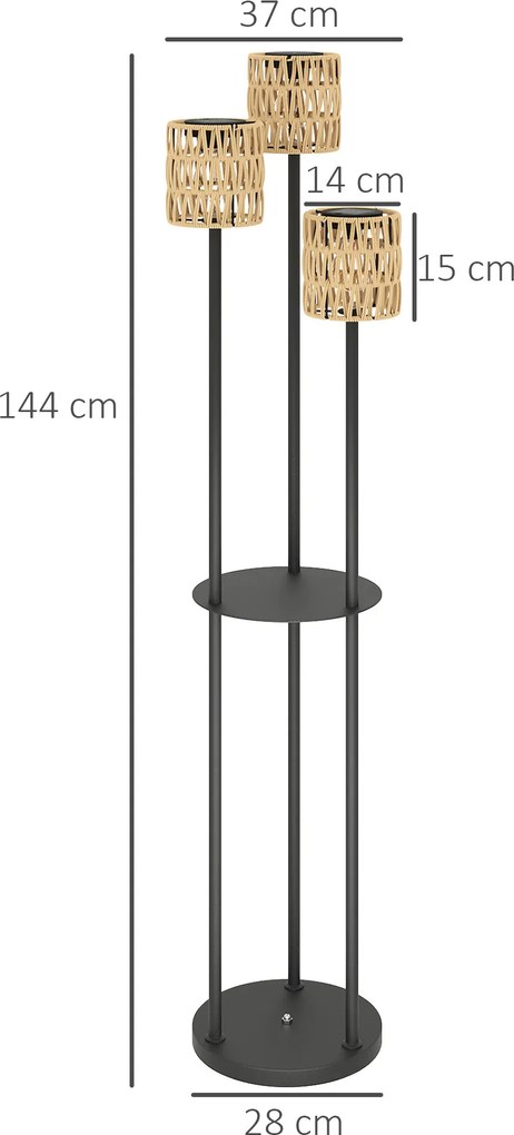 Outsunny Solární stojací lampa z ratanu, solární lampy s čidlem světla, 3 světla, solární svítilna v boho stylu, IP44, Ø37 x 144H cm