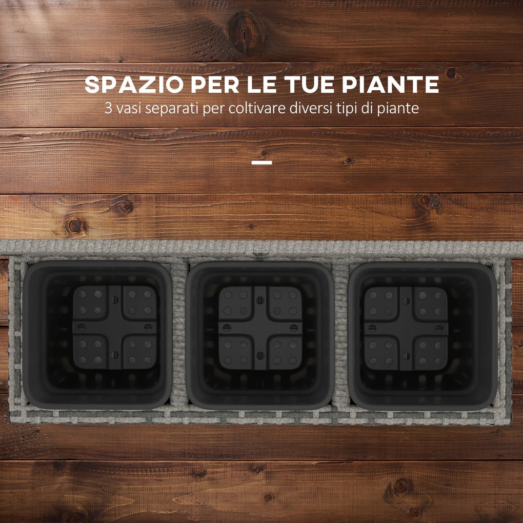 Outsunny Květináč s Trellis pro Popínavé Rostliny, Zvedený Květinový Záhon s 3 Vnitřními Květináči, Ocelová a PE Ratanová Konstrukce, 84x30x107cm, Še…