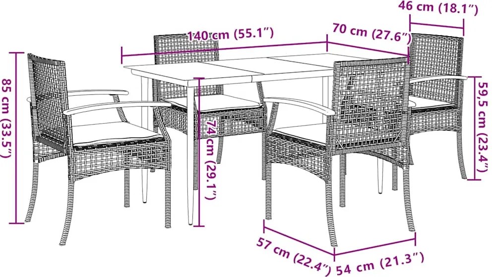 5dílný zahradní jídelní set s poduškami šedý polyratan 3213612