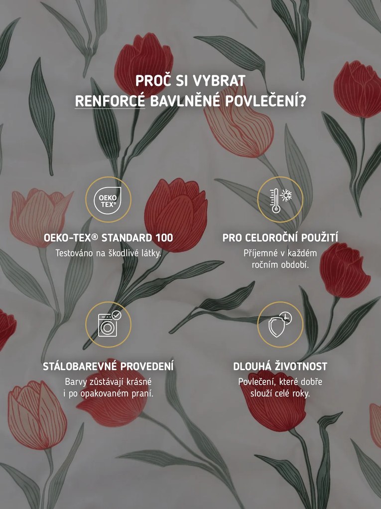MK Lůžkoviny Francouzské bavlněné povlečení Renforcé - Květy tulipánů červené 220 × 200 cm, 2ks 70 x 90 cm
