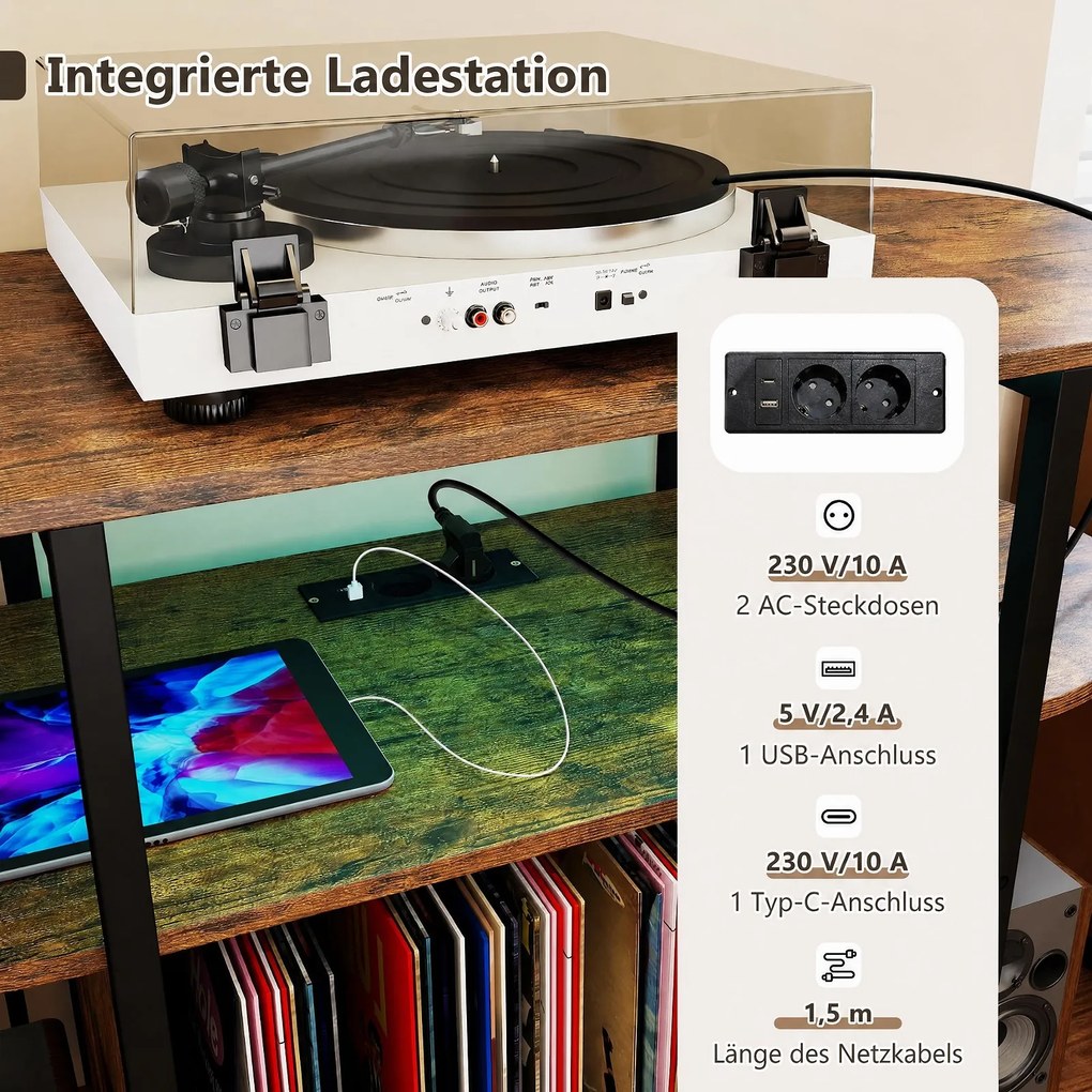 Costway Stojan na gramofon s nastavitelným LED osvětlením a nabíjecí stanicí