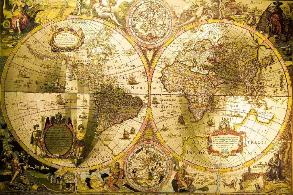 DIMEX | Samolepicí vliesová fototapeta na zeď Starožitná mapa světa MA-5-1565 | 375 x 250 cm | červená, bílá, žlutá