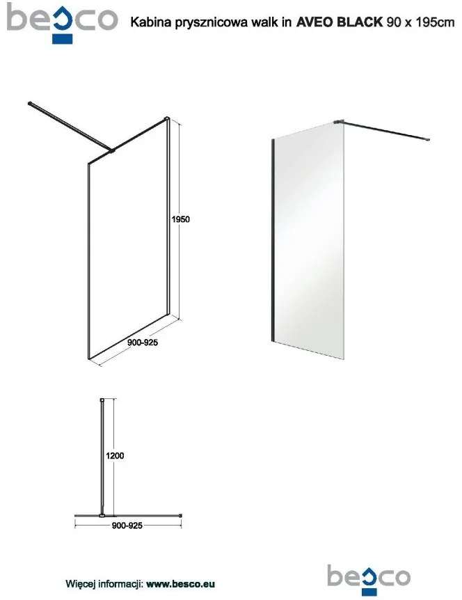 BESCO Walk-in sprchový kout AVEO BLACK BARVA rámu - Černá, Pevná stěna - Bez pevné stěny, Rozměr A - 90 cm, Rozměr C - 195 cm, Výplň - Čiré bezpečnostní sklo - 8 mm BCAVEO90BL