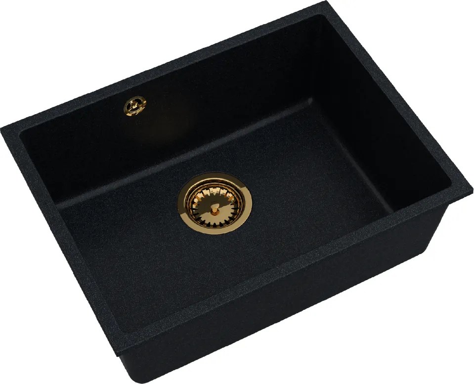 Sink Quality Crypton 60, kuchyňský granitový dřez 535x400x205 mm + zlatý sifon, černá skvrnitá, SKQ-CRY.B.1KBO.60.XG