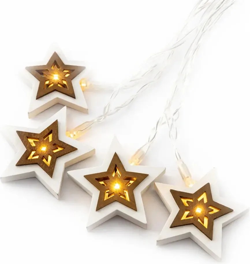 LED světýlka na baterie, dřevěné hvězdičky, 1,8 m, teple bílá, 10 diod, čirý kabel, IP20 interiér, 2 × AA