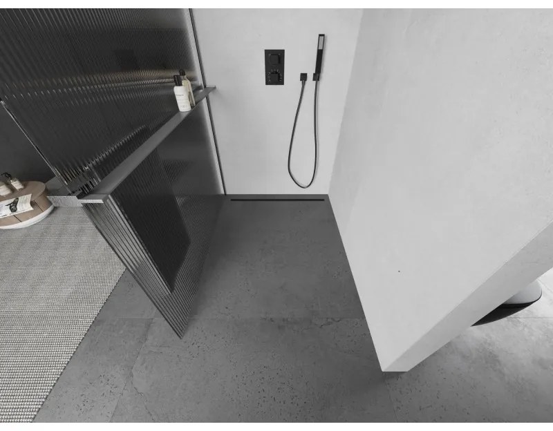 Mexen Kioto+ L, sprchová zástěna Walk-In s poličkou a věšákem 100 x 200 cm, 8mm sklo s žebrovým vzorem, grafitový profil, 800-100-123-66-09