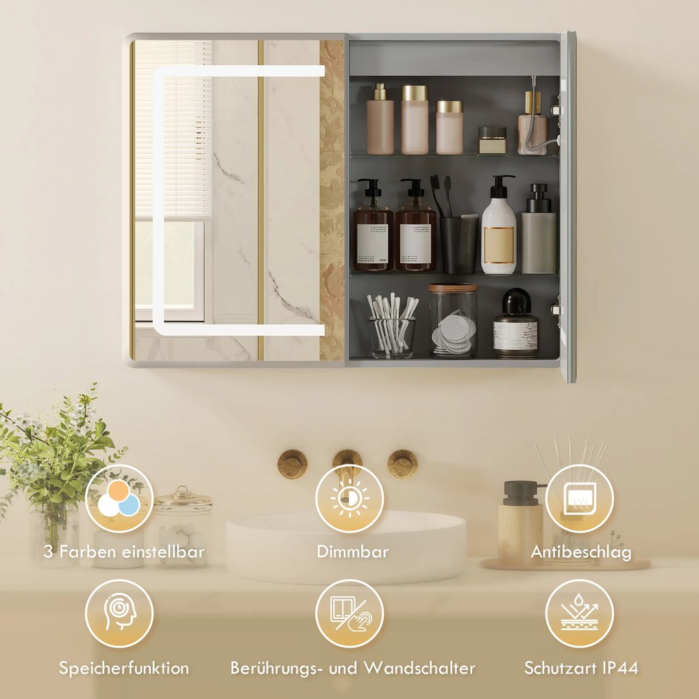 HOMCOM Zrcadlová skříňka do koupelny s LED osvětlením, 60 x 80 cm koupelnová skříňka s protimlžnou, 3-cestnou stmívatelnou