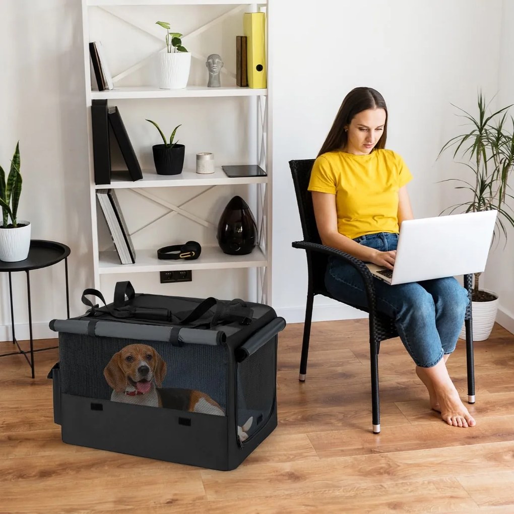 Costway Skládací box na psa se 2 otvory, oknem a síťovaným košíkem box
