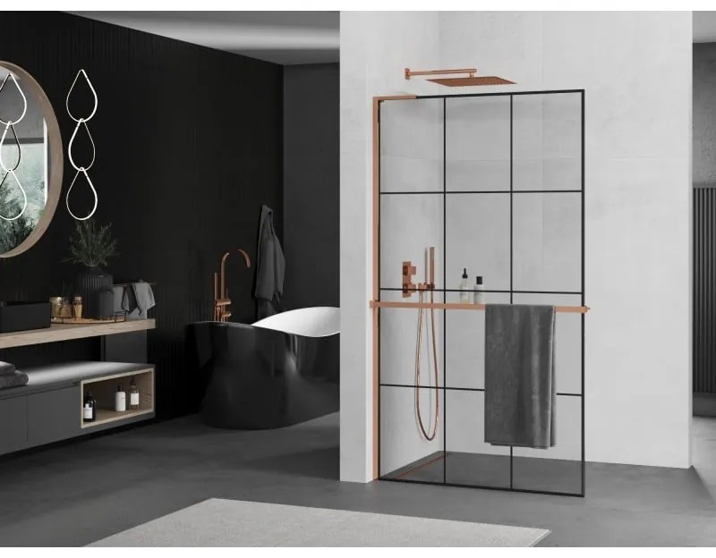 Mexen Kioto+ L, sprchová zástěna Walk-In s poličkou a věšákem 100 x 200 cm, 8mm čiré sklo černý vzor, růžové zlato profil, 800-100-123-60-77