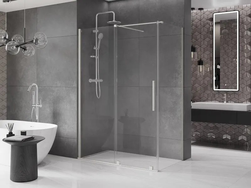 Mexen Velar, sprchový kout s posuvnými dveřmi 150 x 90 cm, 8mm čiré sklo, broušená ocel, 871-150-090-01-97