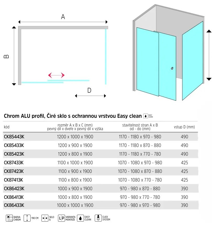 Mereo Lima sprchový kout obdélník 110x90x190 cm sklo Čiré ALU chrom CK87423K