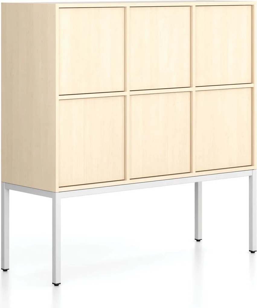 Kancelářská skříň FRAME, nízká, bílá podnož, 6x dveře, 1299 x 450 x 1331 mm, PUSH-lock, bříza
