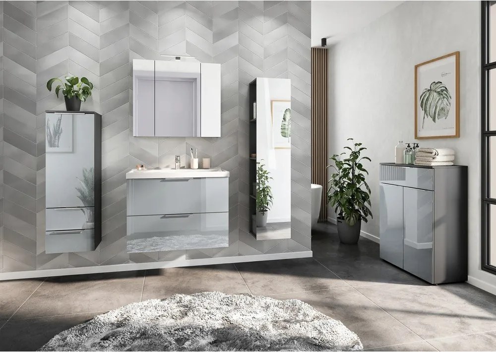 Šedá lesklá závěsná skříňka s umyvadlem 81x65 cm Vasio – Germania