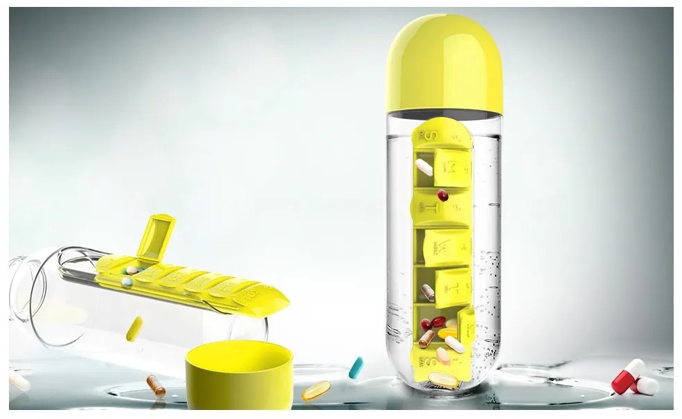 ASOBU multifunkční týdenní dávkovací láhev Pill Organizer žlutá 600ml