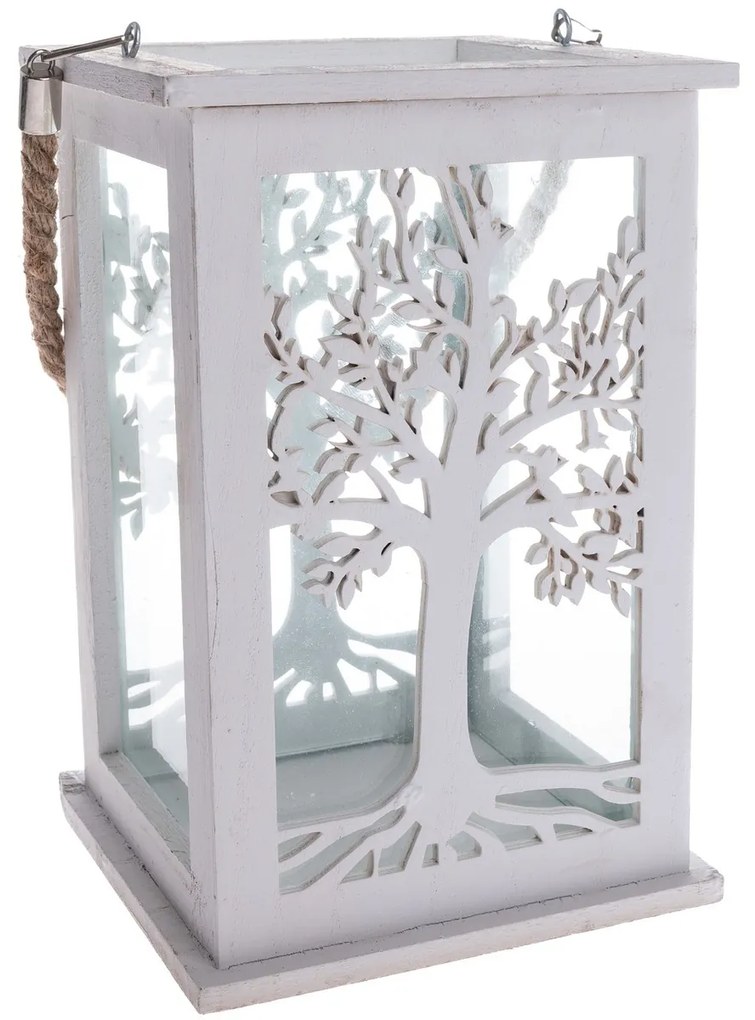 Dřevěná lucerna Tree bílá, 16 x 25 x 16 cm