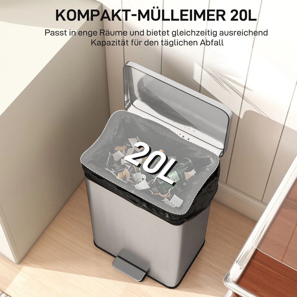 Koš na odpadky 20 litrů s pedálovým víkem s měkkým zavíráním, pedál, vyjímatelný vnitřní koš stříbrný, 34,2 x 30,6 x 44,2 cm