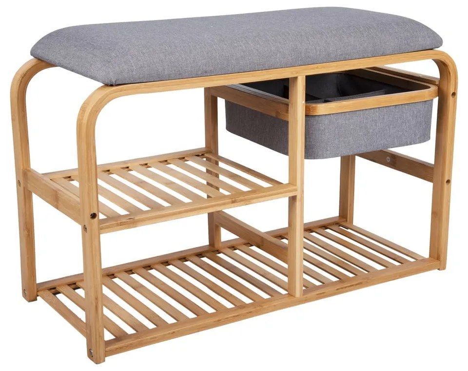 Bambusový botník s šedým polstrováním Leitmotiv Bench, šířka 70 cm