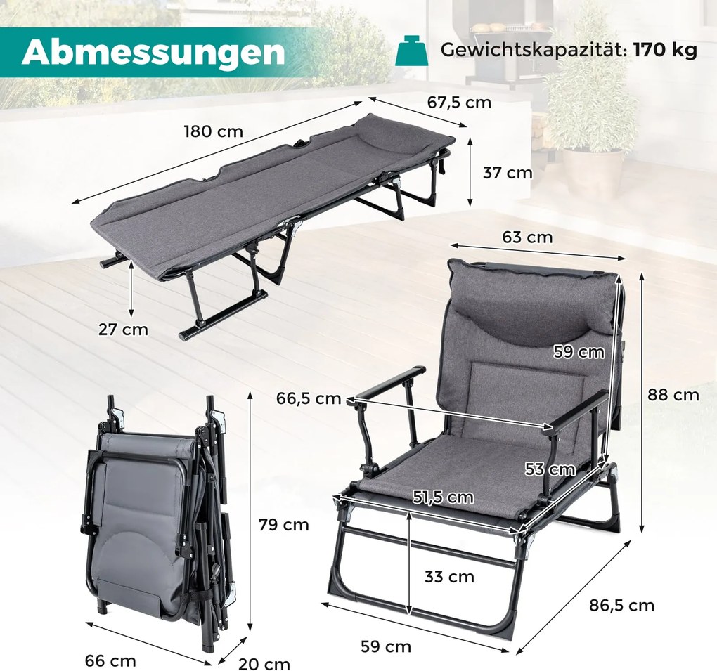 Costway 3 in 1 Zahradní lehátko s opěrkou hlavy a – 180 × 67,5 × 37 cm