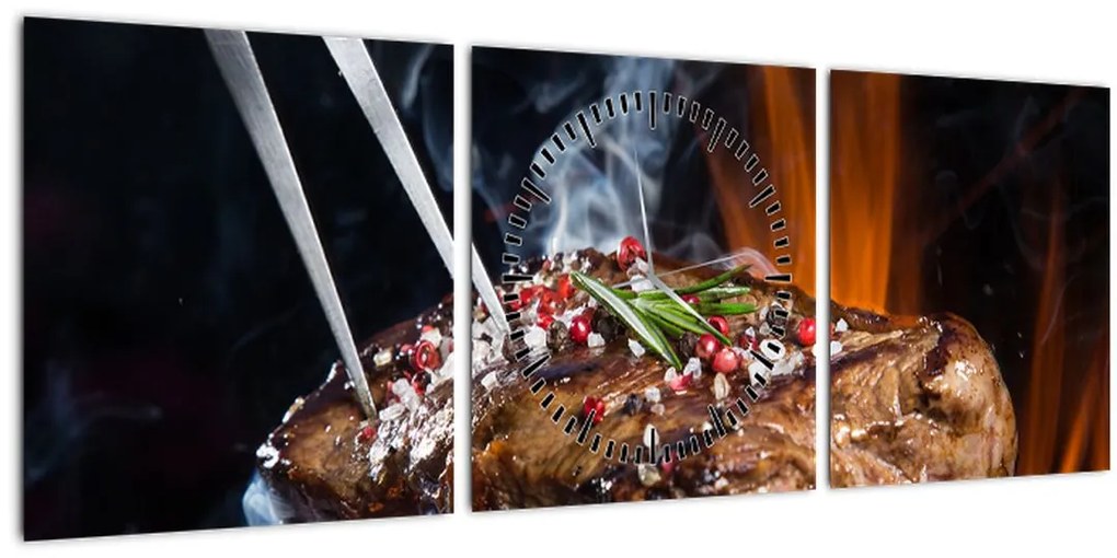 Obraz steaku na grilu (s hodinami) (90x30 cm)