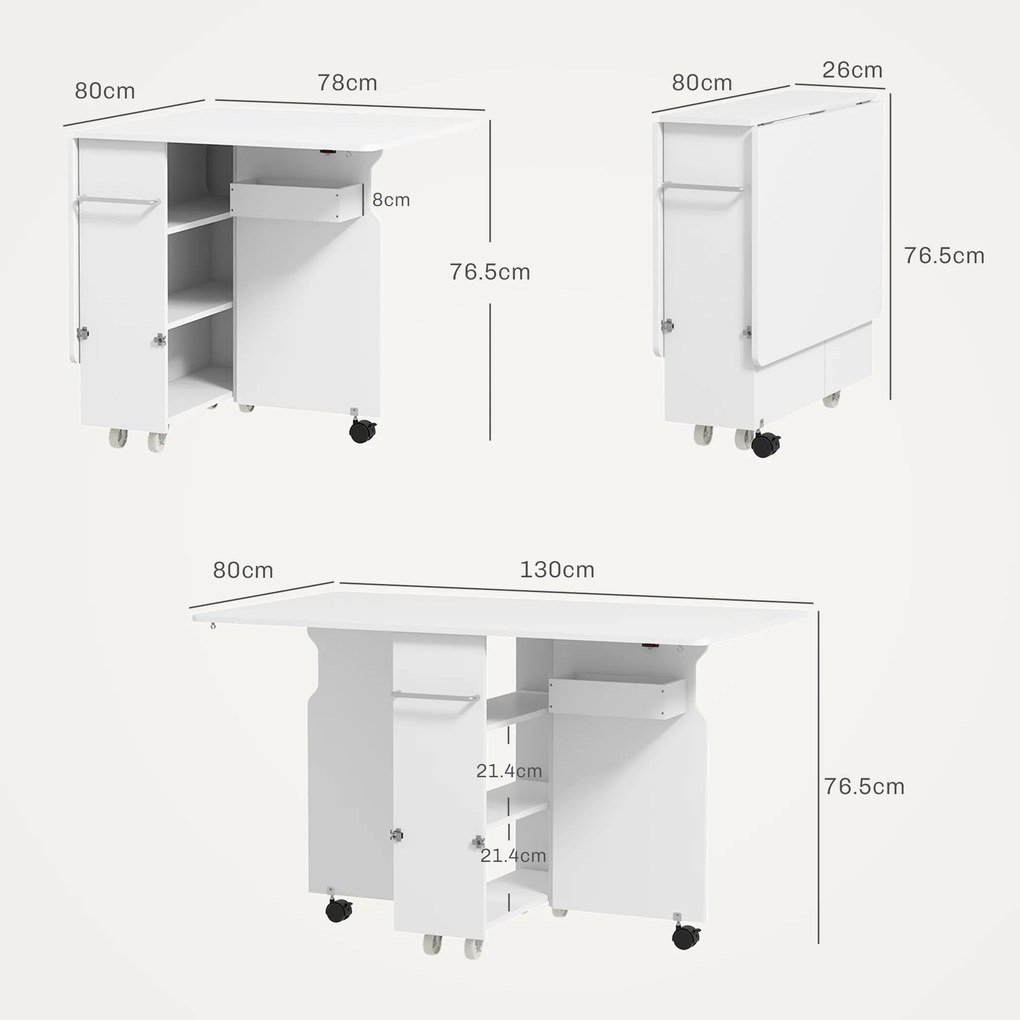 Skládací stůl HOMCOM s vyklápěcími deskami a 3 úrovněmi polic, úložná skříňka a kola, MDF, 130x80x76,5 cm, bílý