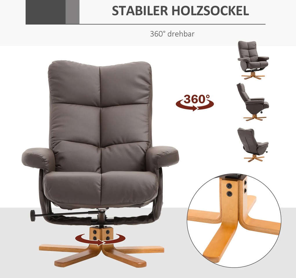 HOMCOM polohovací křeslo s taburetem a úložným prostorem, TV křeslo s funkcí polohování, otočné o 360°, dřevěný rám PU, hnědé 80x86x99cm pro pohodlí …